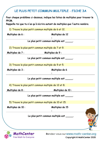Le plus petit commun multiple fiche 3a | Fiches de travail | Math Center