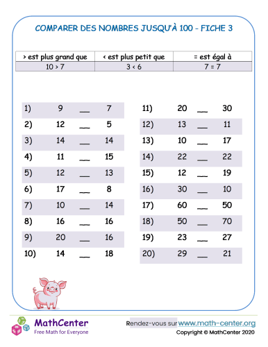Comparer des nombres à 100 fiche 3 | Fiches de travail | Math Center
