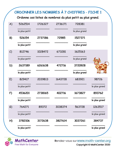 Ordonner les nombres à 7 chiffres fiche 1 | Fiches de travail | Math Center