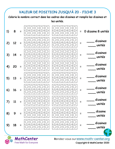 Valeur de position à 20 fiche 3 | Fiches de travail | Math Center