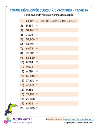 Forme développée jusqu'à 5 chiffres fche 1a | Fiches de travail | Math ...