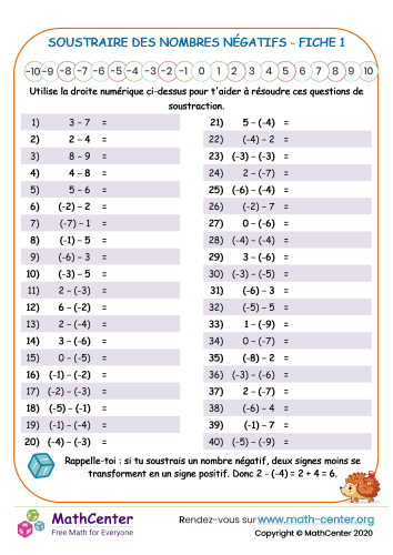 Soustraire des nombres négatifs fiche 1 | Fiches de travail | Math Center