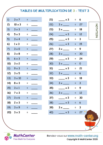 3 tables de multiplication - test 3 | Fiches de travail | Math Center