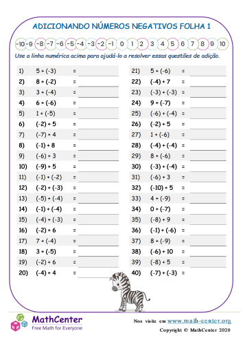 Adicionando Números Negativos Folha 1 | Planilhas | Math Center