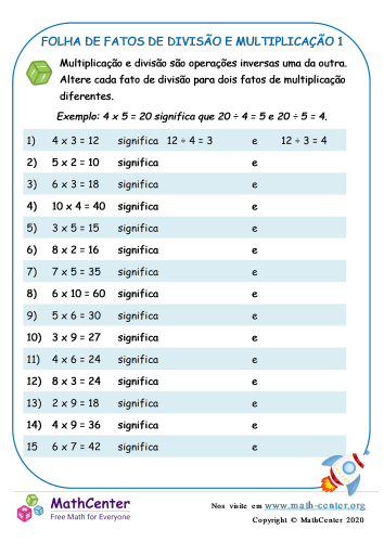 Folha De Fatos De Divisão E Multiplicação 1 Planilhas Math Center
