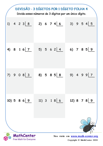 Divisão - 3 Dígitos Por 1 Dígitos Folha 4 | Planilhas | Math Center