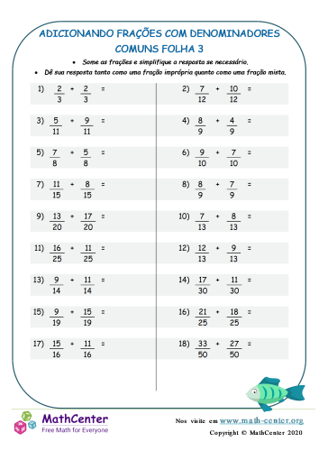 Adicionar Frações Com Denominadores Comuns Folha 3 Planilhas Math