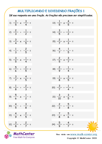 Multiplicando E Dividindo Frações 1 | Planilhas | Math Center