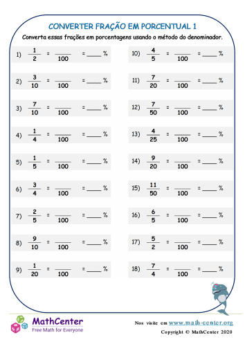 Quinto Ano Planilhas Conversões De Porcentagem Math Center