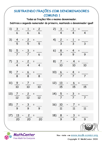 Subtraindo Frações Com Denominadores Comuns Folha 1 Planilhas Math