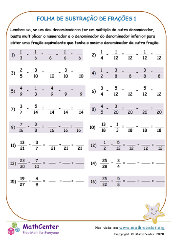 Subtraindo Frações Folha 1a Planilhas Math Center