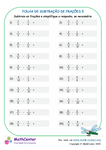 Subtraindo Frações Folha 5 Planilhas Math Center
