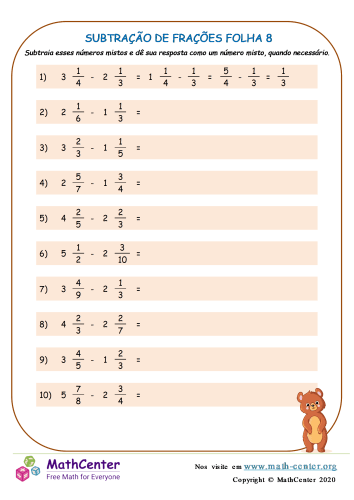Quinto Ano Planilhas Subtração De Frações Math Center