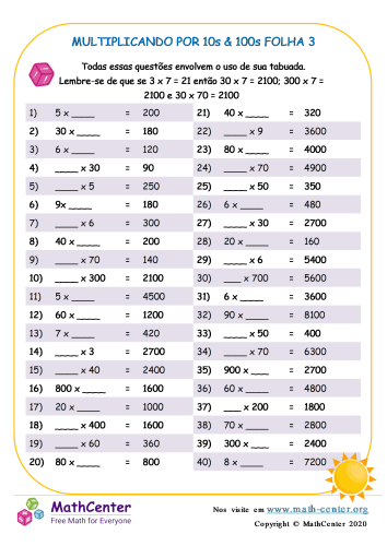 Multiplicando Por 10S & 100S Folha 3 | Planilhas | Math Center
