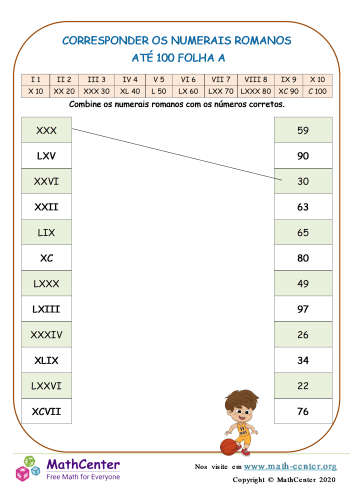 Corresponda Os Numerais Romanos A 100 | Planilhas | Math Center