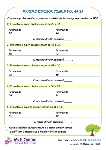 Máximo Divisor Comum Folha 3A | Planilhas | Math Center