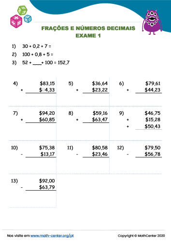 Frações E Números Decimais Exame 1 Questionários Math Center