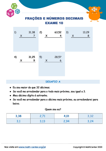 Frações E Números Decimais Exame 10 Questionários Math Center