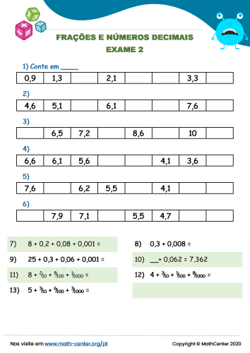 Frações E Números Decimais Exame 2 Questionários Math Center