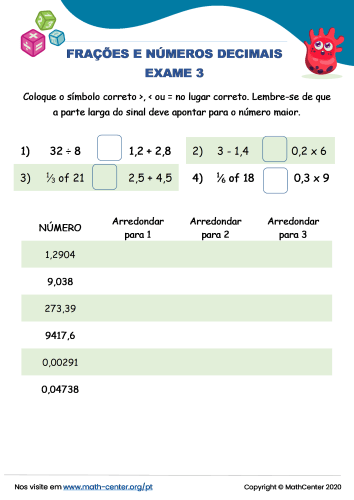 Frações E Números Decimais Exame 3 Questionários Math Center