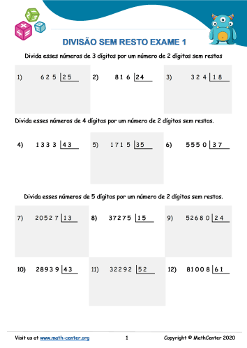 Divisão Sem Resto Exame 1 | Questionários | Math Center