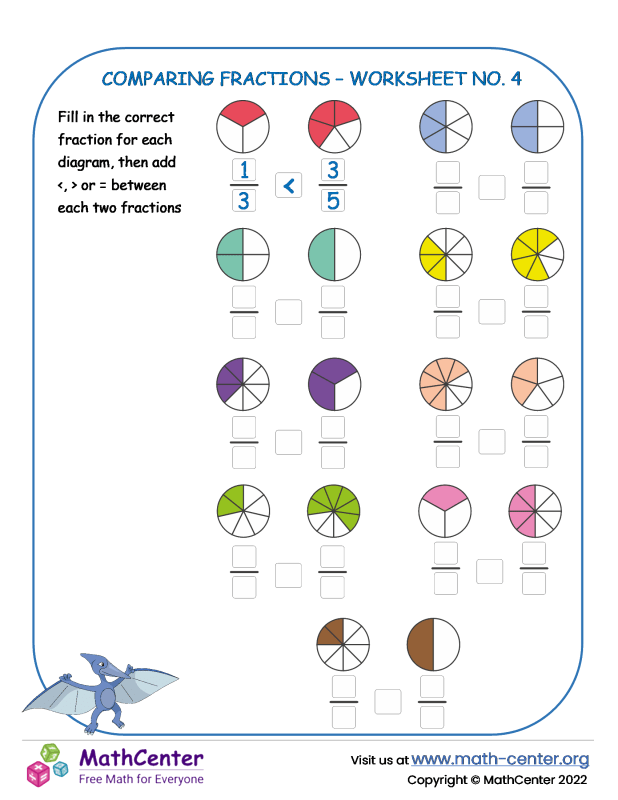 Fourth Grade Worksheets: Comparing Fractions | Math Center