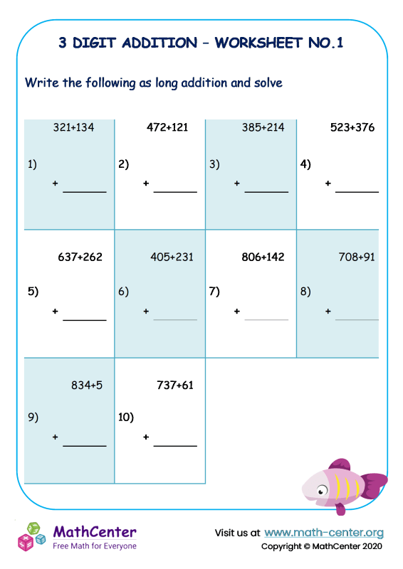Second Grade Worksheets: Three-digit Addition With Regrouping | Math Center