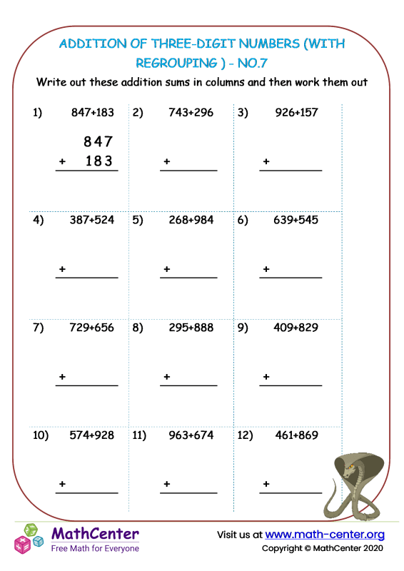 Second Grade Worksheets: Three-digit Addition With Regrouping | Math Center