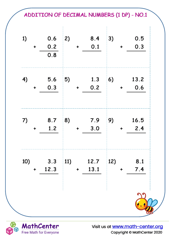 Fourth Grade Worksheets: Adding Decimals | Math Center