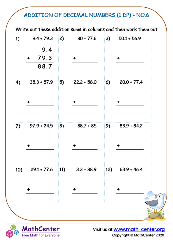 Fourth Grade Worksheets: Adding Decimals | Math Center