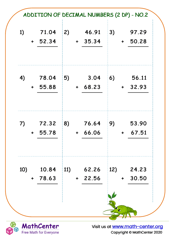 Fourth Grade Worksheets: Adding Decimals | Math Center