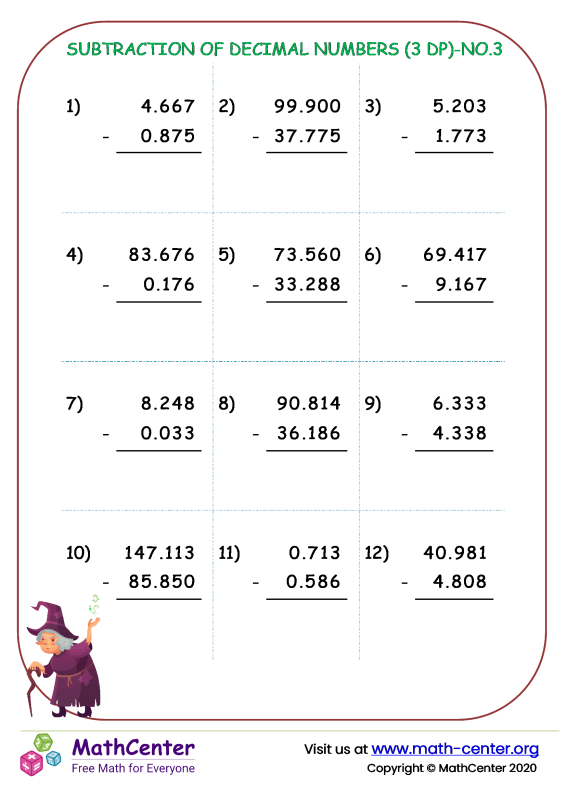Fifth Grade Worksheets: Subtracting Decimals | Math Center