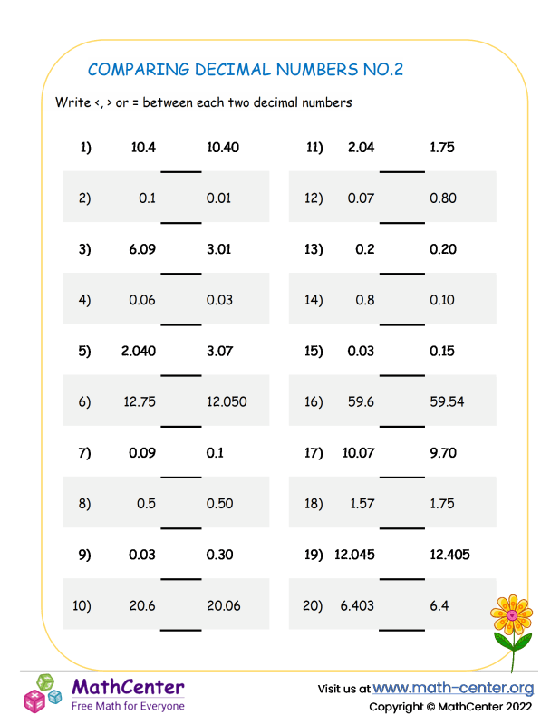 Fourth Grade Worksheets: Ordering Decimals | Math Center