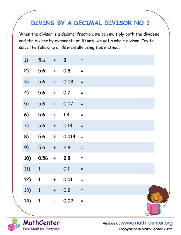 Fourth Grade Worksheets: Dividing Decimals | Math Center