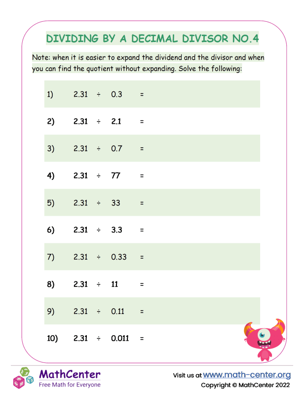 Fourth Grade Worksheets: Dividing Decimals | Math Center