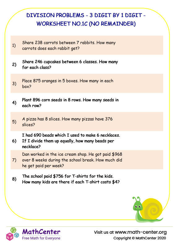 Third Grade Worksheets: Single-digit Divisors | Math Center