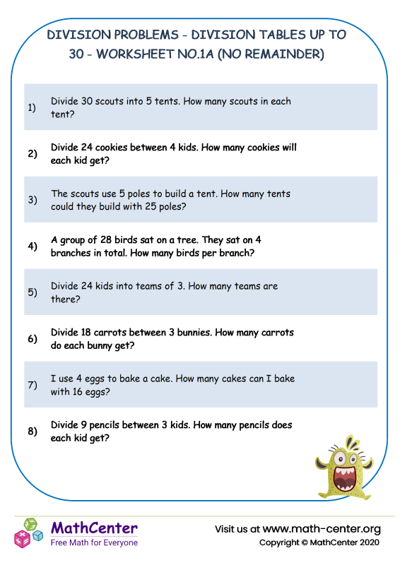 Third Grade Worksheets: Single-digit Divisors | Math Center