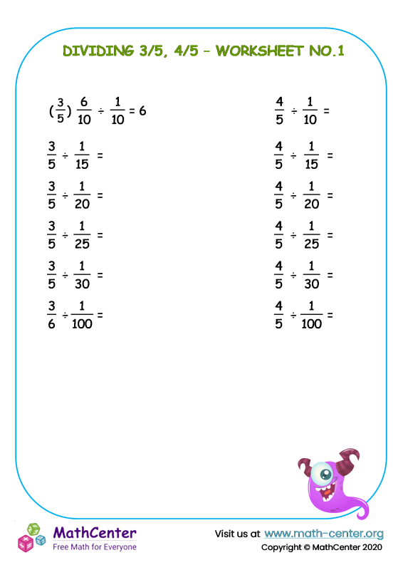 Fifth Grade Worksheets: Dividing Fractions | Math Center