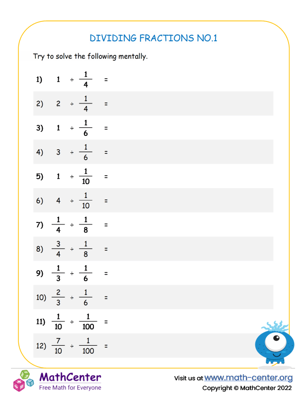 Fifth Grade Worksheets Dividing Fractions Math Center