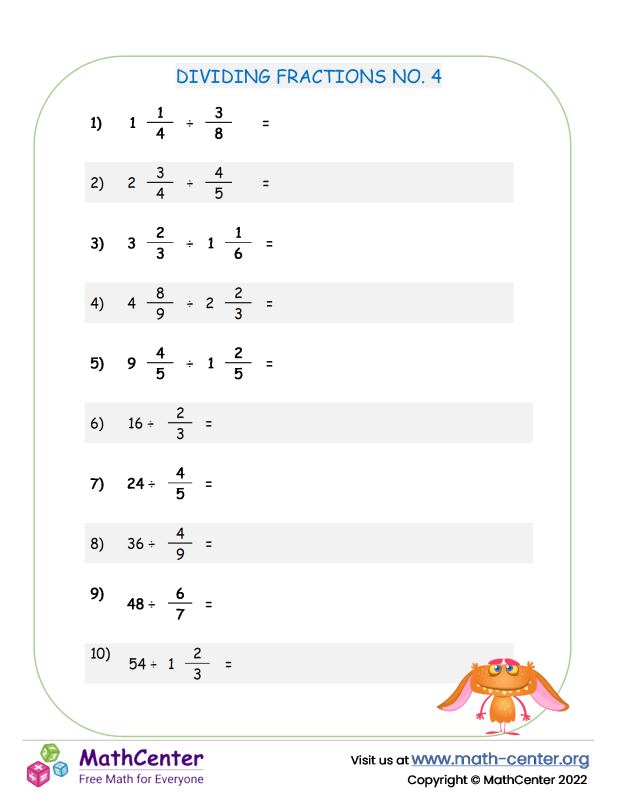 Fifth Grade Worksheets Dividing Fractions Math Center