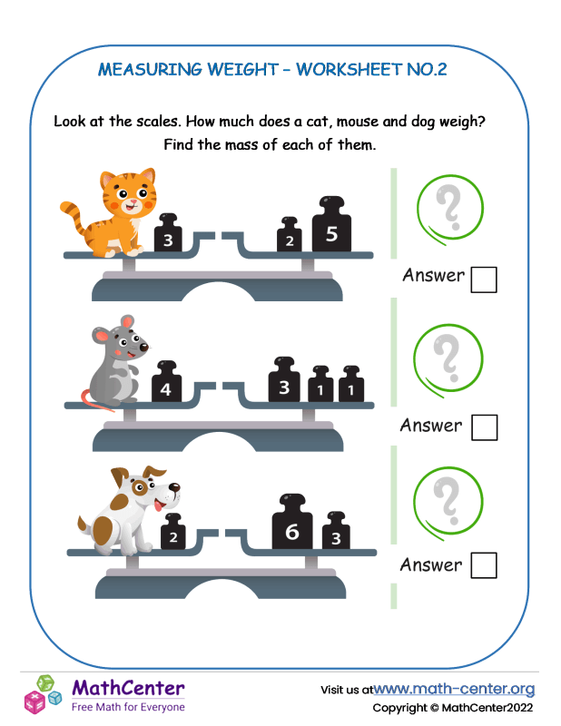 First Grade Worksheets: Measuring Weight | Math Center