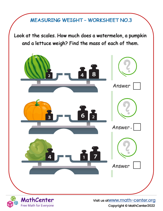First Grade Worksheets: Measuring Weight | Math Center