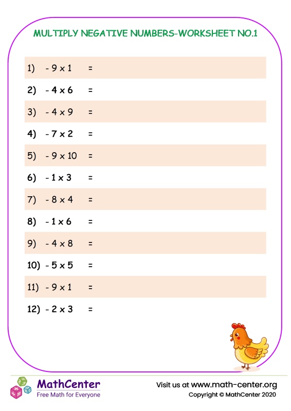 Fifth Grade Worksheets: Multiplying Negative Numbers | Math Center