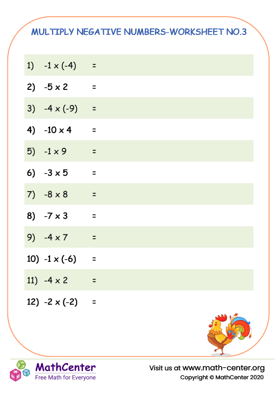 Fifth Grade Worksheets: Multiplying Negative Numbers | Math Center