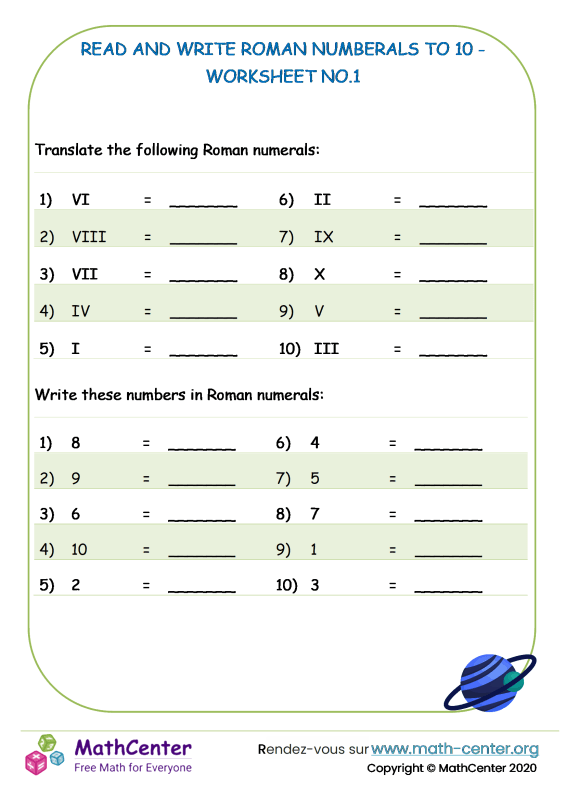 Fourth Grade Worksheets: Roman Numbering System | Math Center