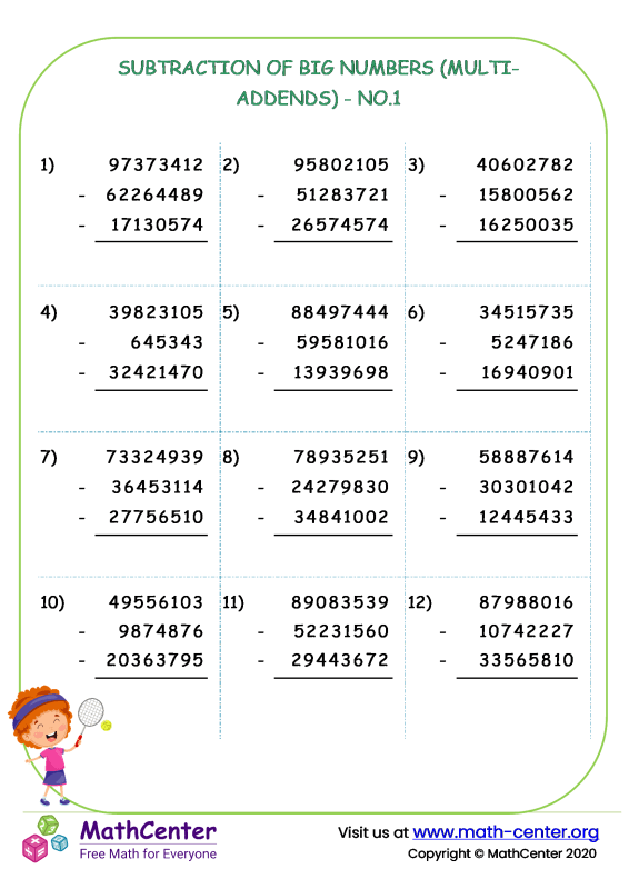 Fourth Grade Worksheets: Multi-digit Subtraction With Regrouping | Math ...