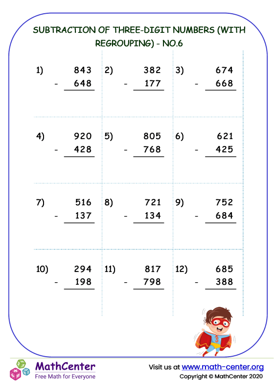 Second Grade Worksheets: Three-digit Subtraction With Regrouping | Math ...