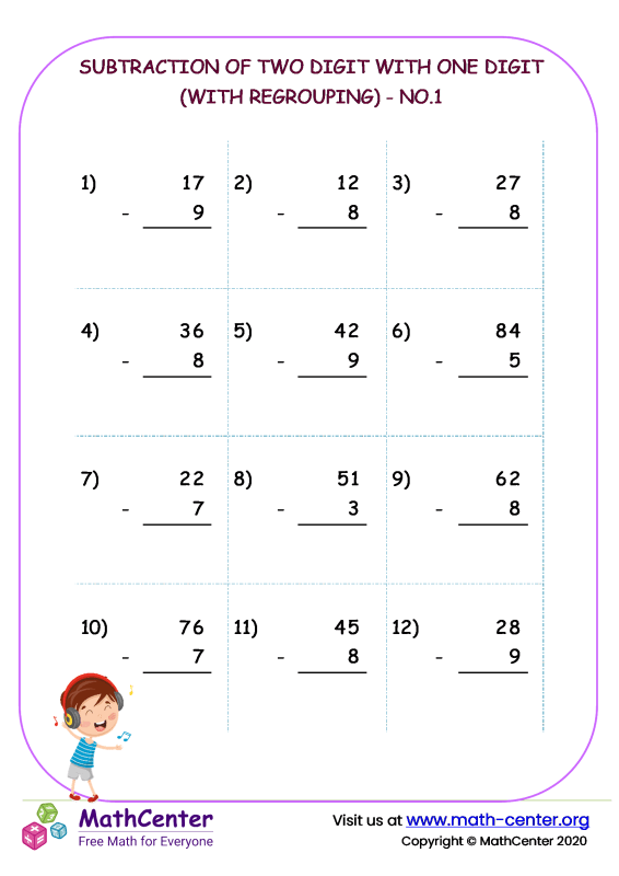 First Grade Worksheets: Two-digit Subtraction With Regrouping | Math Center