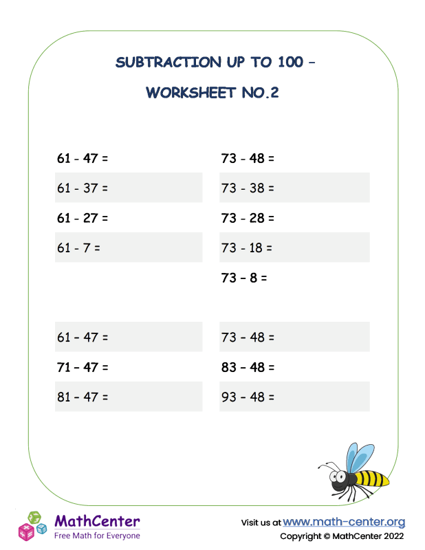 First Grade Worksheets: Two-digit Mental Subtraction | Math Center