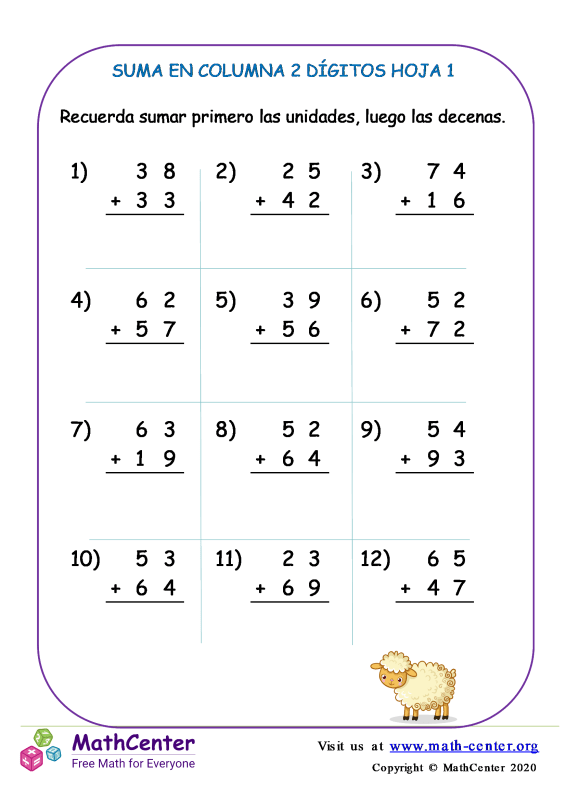 Segundo Grado Hojas de trabajo: Sumas de Dos Cifras Con Llevadas | Math ...
